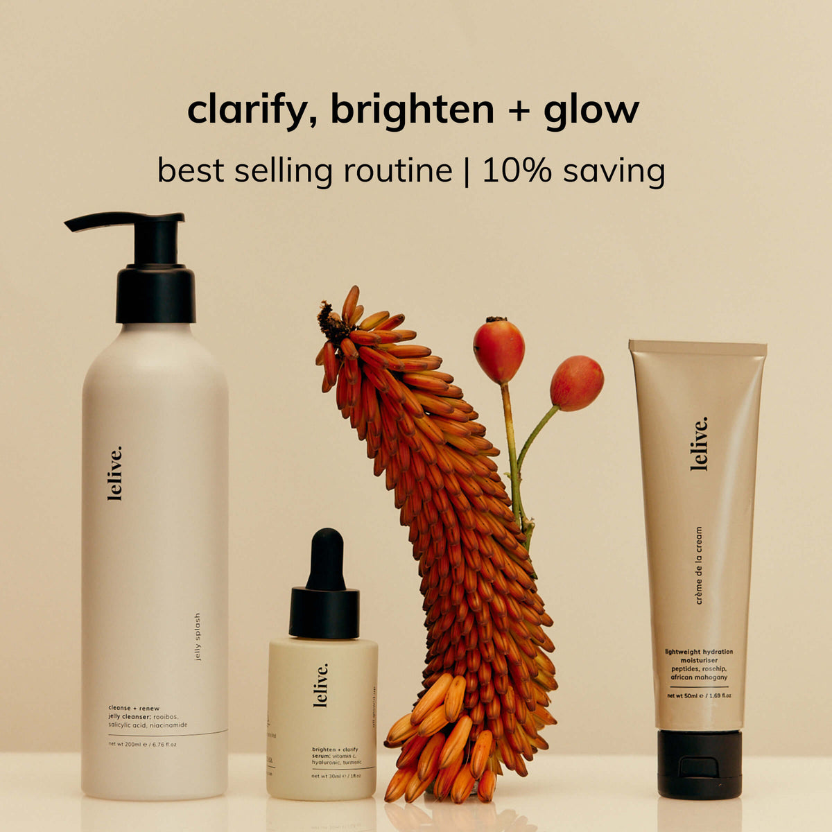 best-selling | 3-step routine | clarify, brighten + glow | lelive.